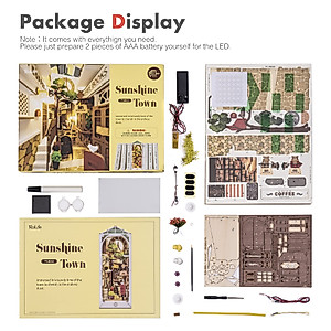 Rolife DIY Book Nook Kit 3D Wooden Puzzle for Adults 9.5" Bookshelf Indert Decor with LED Miniature Dollhouse Kit Bookend Crafts Diorama Hobbies Gifts for Boys Girls (Sunshine Town)