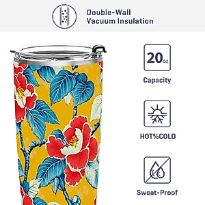 sanluoli Yellow Red Flowers Big Stainless Steel travel cups Leak-proof Lid and Straw coffee mugs with lids for Home, Office or Car simply vacuum insulated tumbler with lid 20 OZ