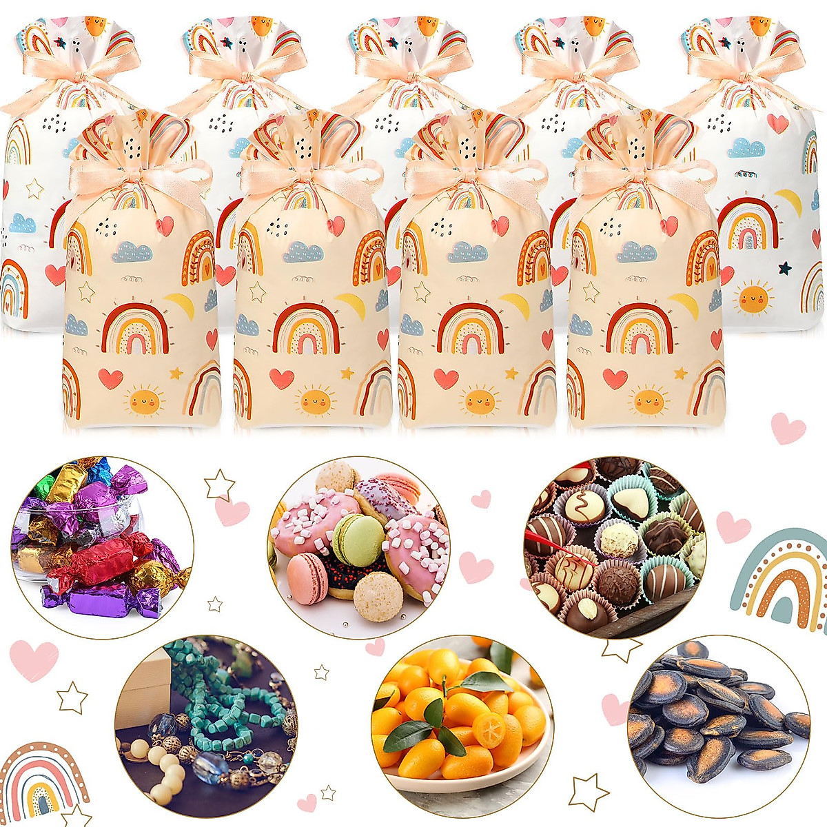 Bulyoou 50 Pcs Boho Gift Bags Bulk Bohemian Plastic Drawstring Bags Hippie Retro Birthday Candy Bags Rainbow Party Favor Bags for Kids Birthday Boho Party Supplies