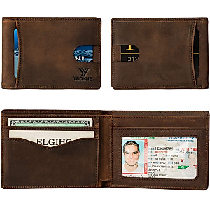 YBONNE RFID Blocking Slim Bifold Wallets for Men, Made of Finest Genuine Leather (Brown)