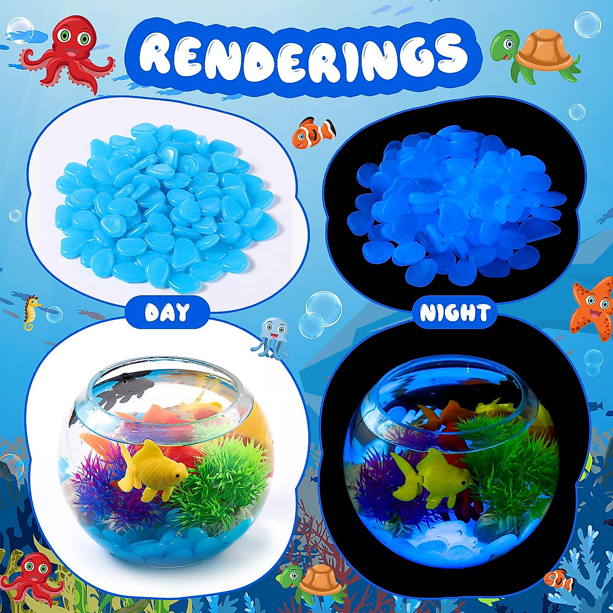 Jexine 100 Pcs Fish Tank Rocks Glow Blue, Fish Tank Stones Accessories Gravel with 10 Pack Artificial Aquatic Plants Fish Tank Plants Plastic Coral Reef Decorations for Aquariums