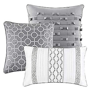 Madison Park Luxury Comforter Set-Traditional Jacquard Design All Season Down Alternative Bedding, Matching Bedskirt, Decorative Pillows, King(104"x92"), Bennett, Geometric Grey, 7 Piece