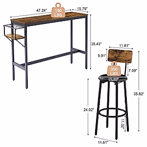 GNIXUU Bar Table and Chair Set for 2, 3-Piece Wooden Pub Dining Set with Folding Wine Rack, Industrial Kitchen Counter Height Table with 2 PU Stools for Breakfast Nook Bistro Small Space(Brown)
