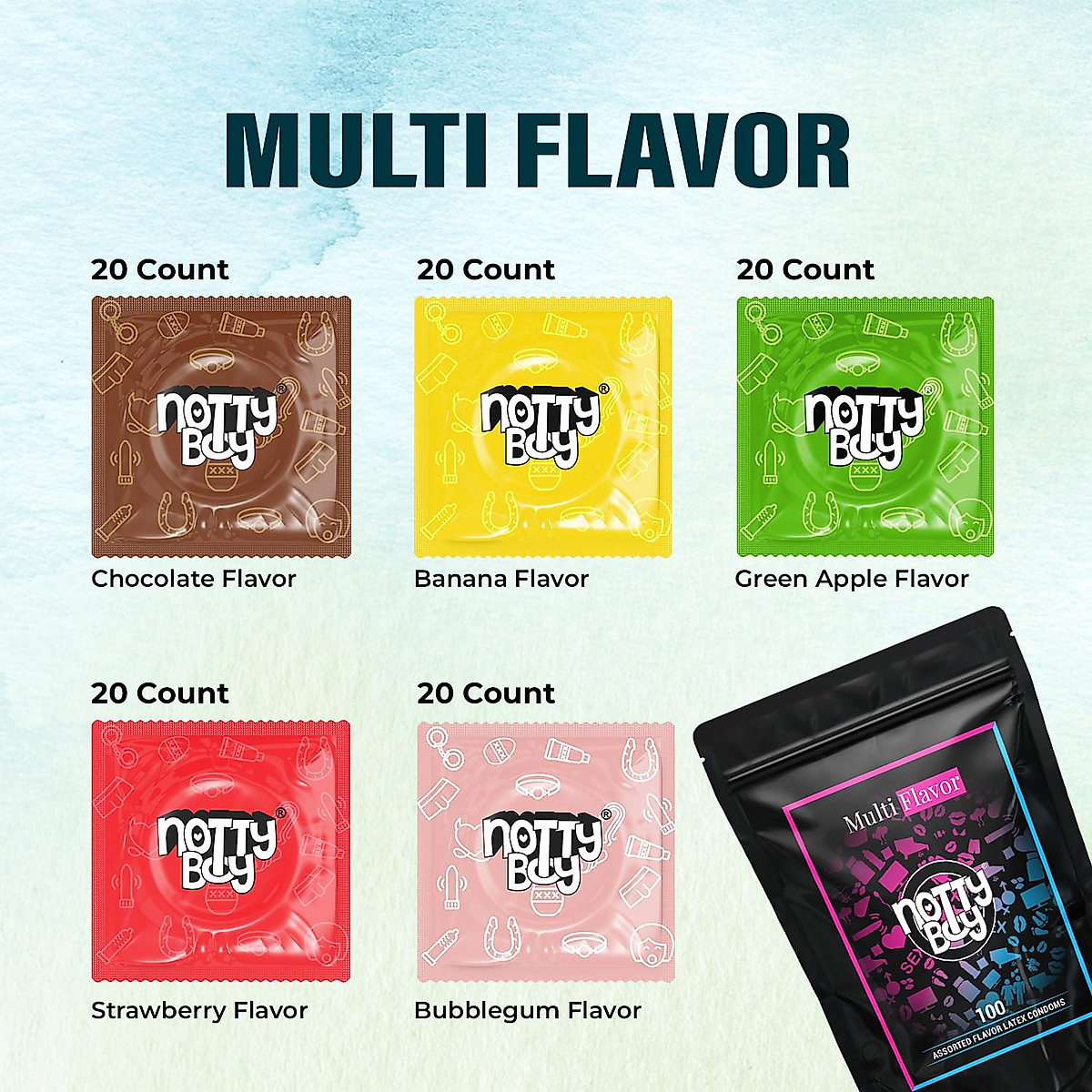 NottyBoy Wholesale Pack of 100 Condoms - Assortment of Mixed Delicious Fruit Flavored Condoms for Men | (Bubblegum | Green Apple | Chocolate | Tempting Strawberry and Banana) Safe for Oral Use