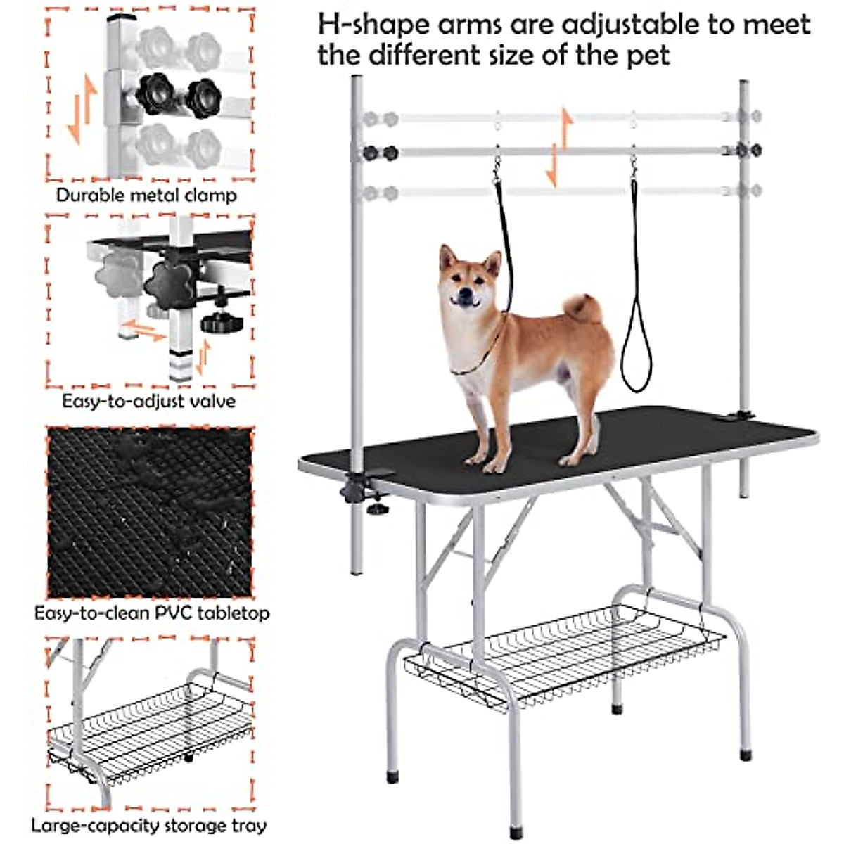 Yaheetech 46'' Pet Grooming Table for Large Dogs Adjustable Height Portable Trimming Table Drying Table w/Arm/Noose/Mesh Tray Maximum Capacity Up to 265Lb, Black