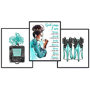 Inspirational African American Women Bible Verses - Black Art - Religious Christian Scripture Positive Encouragement Gifts - Light Blue Motivational Glam Designer Fashion Wall Decor Poster for Girls