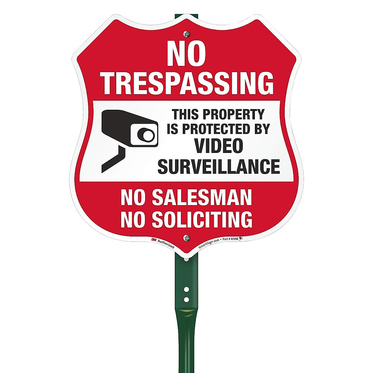 SmartSign 12 x 11.5 inch “No Trespassing - Property Protected By Video Surveillance, No Soliciting” Yard Sign with 3 foot Stake, 40 mil Laminated Rustproof Aluminum, Red, Black and White, Set of 1