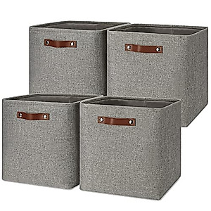 Temary Storage Baskets 13 Inch Fabric Storage Cubes for Shelves Set of 4 Storage Cube Bins for Home, Office, Storage Organizers for Toys with Leather Handles(Grey)