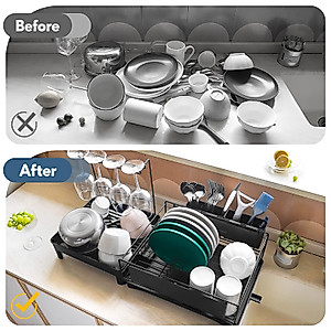 Coindivi Dish Drying Rack, Dish Rack, Dish Racks for Kitchen Counter, Versatile Dish Drainer with Drainage, Dish Rack and Drainboard Set with Utensil Holder, Wine Glass Holder, Black