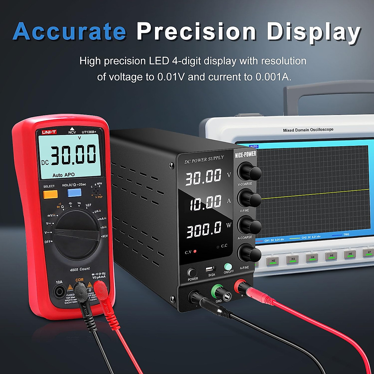 NICE-POWER DC Power Supply Variable 30V 10A, Adjustable Switching Regulated DC Bench Power Supply with Output Switch High Precision 4-Digit LED Display, Benchtop Lab Power Supplies with 5V/2A USB Port