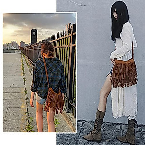 Hippie Suede Fringe Tassel hobo styles retro fashion shoulder Vintage Messenger bag Womens Sling Bag (Black)