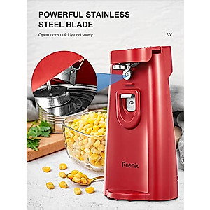 Electric Can Opener, Reemix Automatic Can Opener with Knife Sharpener and Bottle Opener 3 in 1, Easy Push Down Lever (Red)