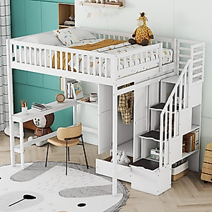 Harper & Bright Designs Full Loft Bed with Stairs and Wardrobe, Wooden Full Size Loft Bed with Desk Underneath, Loft Bed with Storage Staircase and Shelves for Girls Boys Teens,White