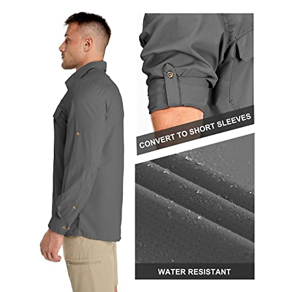 33,000ft Men's Long Sleeve Sun Protection Shirt UPF 50+ UV Quick Dry Cooling Fishing Shirts for Travel Safari Camping Hiking Grey