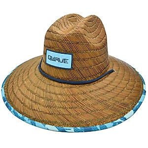 Qwave Straw Hats for Women, Beach Gear Sun Hats for Women, Lifeguard Hat with Sun Protection, Light Straw - Pink & Blue Palm Print