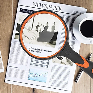 MJIYA Magnifying Glass, 8X Handheld Reading Magnifier for Kids and Seniors, Non-Scratch Quality Glass Lens, Shatterproof Design, Microfibre Cleaning Cloth Included (65mm, Orange)