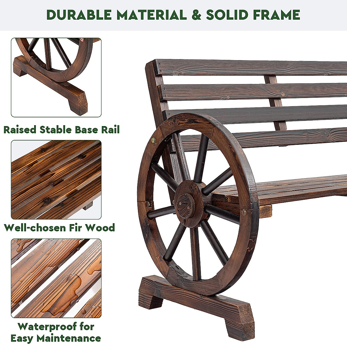 Mavalous Wagon Wheel Bench Outdoor, 2 Person Seat Rustic Wood Patio Benches with Backrest for Outdoor Brown