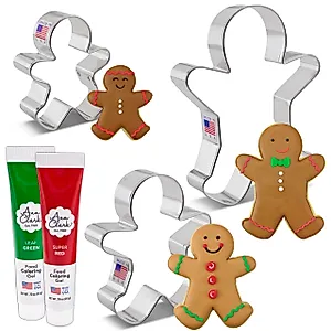 Gingerbread Man Cookie Cutters and Decorating 5-Pc. Set Made in USA by Ann Clark, Gingerbread Men,Green & Super Red Food Coloring Gel