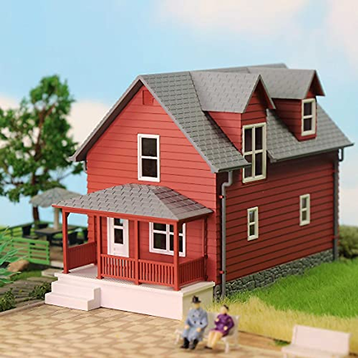 N Scale Model Building 1:160 Residential Modern House Assembled Architectural for Model Train Layout Diorama JZN01 (Red)