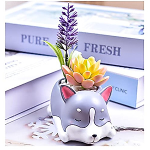 Cute Husky Puppy Flower Pot with Drainer Garden Flower Pot Resin Succulent Potted Bonsai Plant Stand Home Desk Mini Ornaments Balcony Gardening Flower Pot Does Not Contain Plants