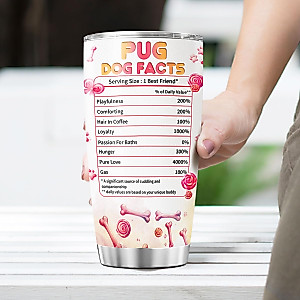 JENOIS Pug Dog Facts, Dog Mom Gifts, Women Mother Mama Handle Tumblers Best Mothers Insulated For Cups Coffee Funny Day, Tumbler 20 Oz With Lid And Straw
