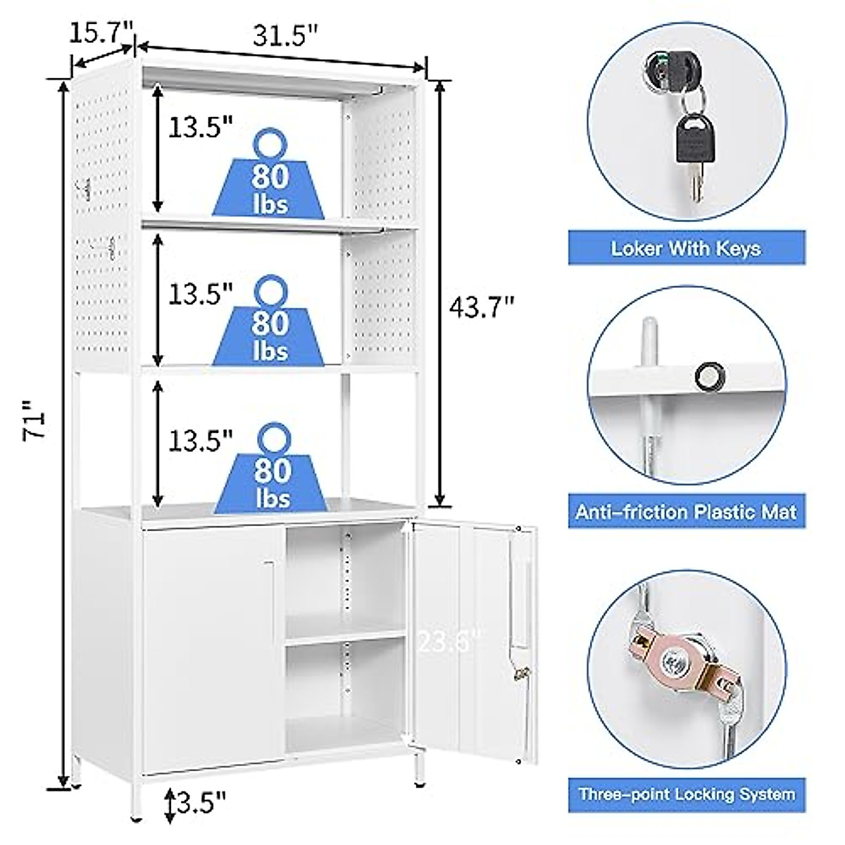 Yizosh 5-Tier Bookshelf, Tall Bookcase with Doors, Industrial Display Standing Shelf Units with Lock & Pegboard, Metal Storage Shelves for Living Room, Bedroom, Home Office (White)