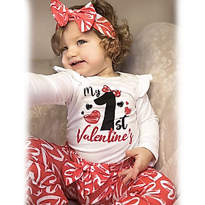HINTINA Infant Baby Girl 1st First Valentines Day Outfits Red Heart Bodysuit Clothes Set 12-18 Months
