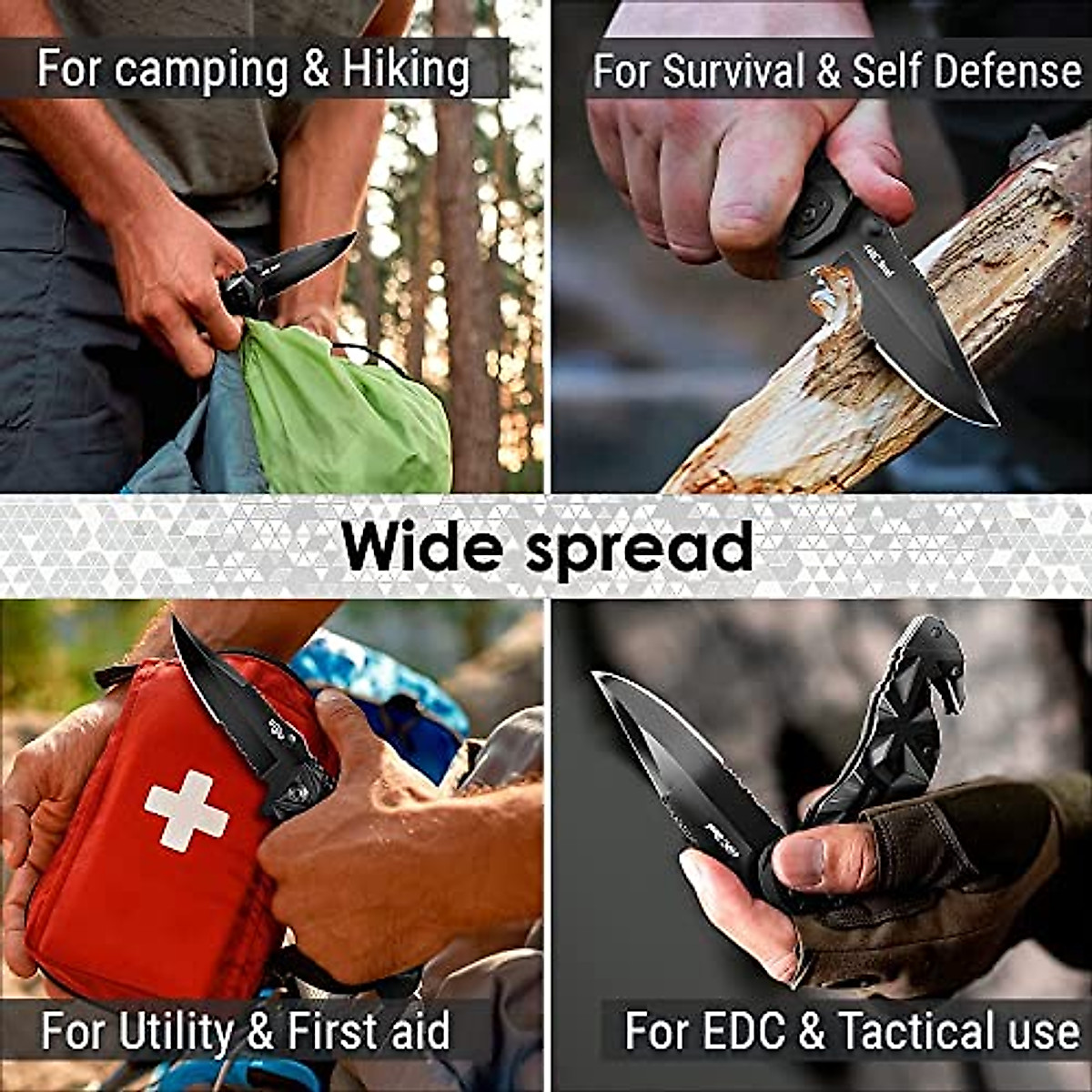 Bundle of 2 Items- Black Pocket Knife - Serrated Sharp 3,5" Blade Folding Knives -Best EDC Survival Hiking Hunting Camping Knife - Knife with Firestarter and Whistle Grand Way