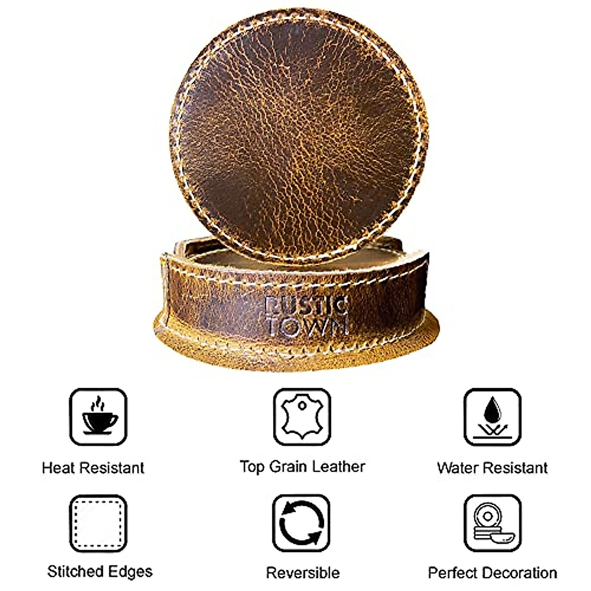 Rustic Town Leather Coasters for Drinks - Cup Coasters Coffee Table Kitchen Table Bar, Home & Office Gifts Handmade Drink Coasters