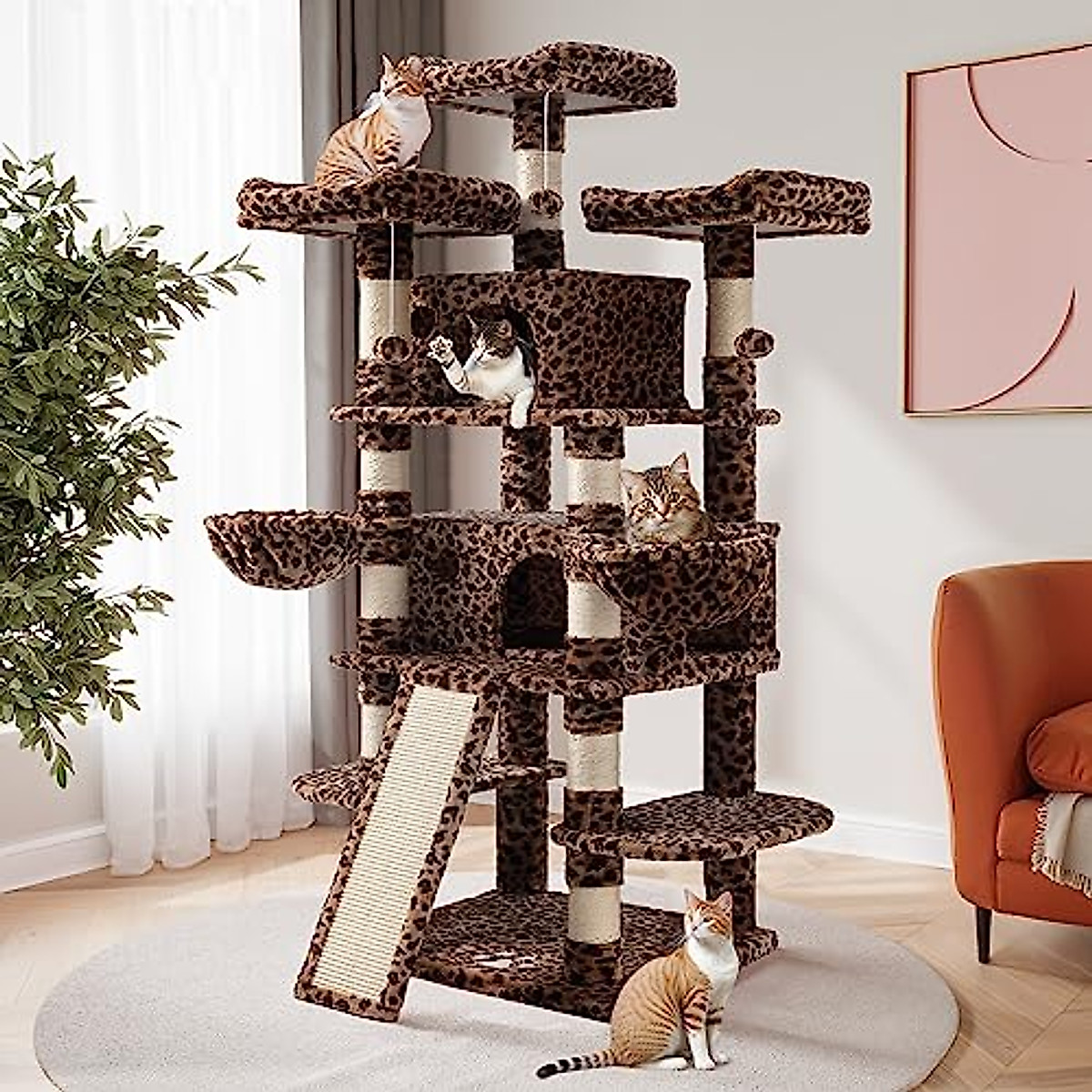 SHA CERLIN 68 Inches Multi-Level Large Cat Tree for Large Cats/Big Cat Tower with Cat Condo/Cozy Plush Cat Perches/Sisal Scratching Posts and Hammocks/Cat Activity Center Play House, Leopard Print