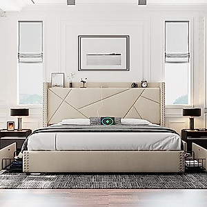 Feonase King Bed Frame with 4 Storage Drawers, Upholstered Platform Bed with Charging Station & Wingback Headboard, Solid Wood Slats Support, No Box Spring Needed, Noise-Free, Beige