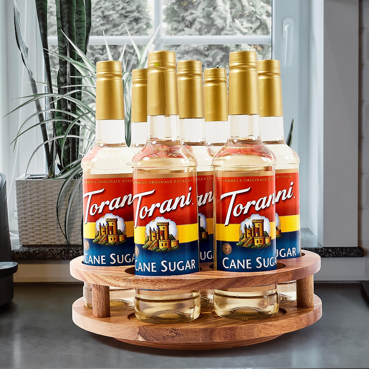 GOVOKOI Acacia Wood Rotating Coffee Syrup Organizer, 7 Bottles Coffee Syrup Rack, Coffee Station Organizer with Large Base and Anti-Slip Pads