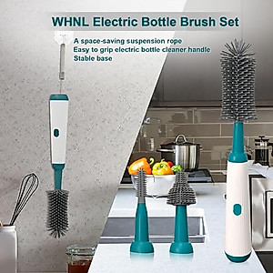 WHNL Electric Bottle Brush Set, 360°Automatic Bottle Cleaner Brush with 3 Sizes Replaceable Silicone Bottle Brush and Straw Cleaner Brush,Extension Handle for Long Bottles.IPX65& Rechargeable (Green)