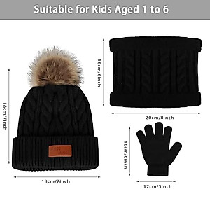 Kids Hat Scarf Gloves Set, Kids Winter Beanie Hat Scarf Gloves Set with Knit Thick Warm Fleece Lined for 3-6 Years Old