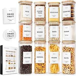 Square Glass Storage Containers with Bamboo Lids 12-Pack (4x 30 oz, 8x 17 oz) Airtight Storage Jars with Lids for Food, Stackable Kitchen Canisters with 114 Labels for Pantry [Thicker Glass 3mm]