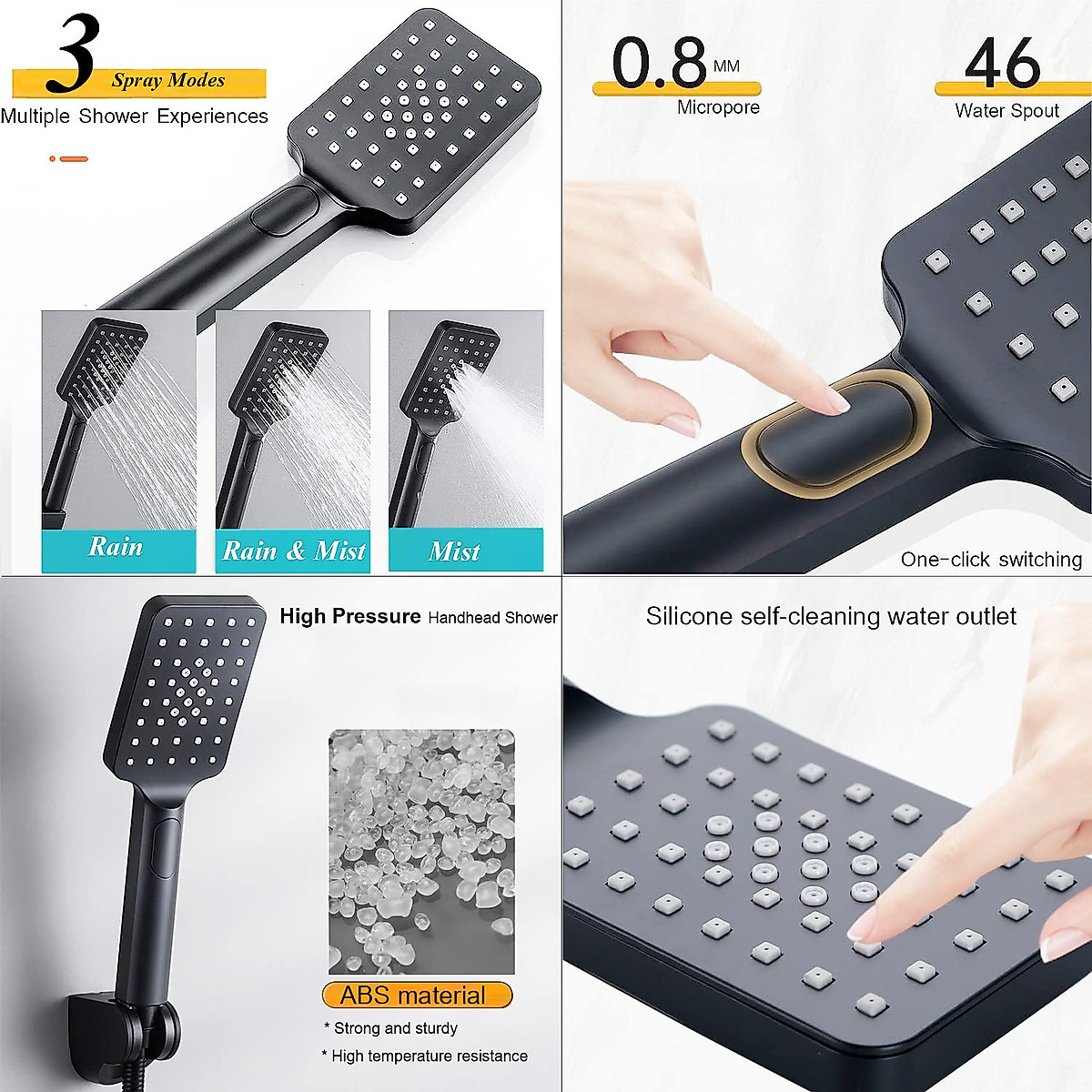 Shower Head, 10'' High Pressure Rainfall Shower Head with 3 Settings Handheld Shower Combo with 11''Extension Arm, Anti-leak Square Rain Shower Head with 78'' Hose/Holder(Matt Black Shower Heads)