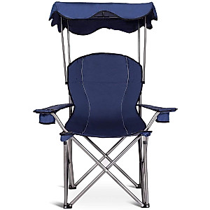 Goplus Beach Chair with Canopy Shade, Folding Lawn Chair with Umbrella Cup Holder & Carry Bag, Portable Sunshade Chair for Adults for Outdoor Travel Hiking Fishing (Blue)