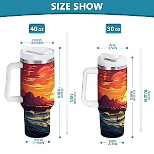 Jihqo Beach Surfer Riding Waves 40 oz Stainless Steel Vacuum Insulated Tumbler with Handle and Straw Lid, Leakproof Water Bottle Double Wall Travel Mug Coffee Cup, Cupholder Friendly