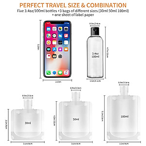 Clear Plastic Empty Squeeze Bottles 5 Pack 3.4oz/100ml Travel Bottles and 3 PCS Refillable Empty Squeeze Pouch TSA Approved Refillable Travel Pouches for Shampoo Conditioner Cosmetics with Lables