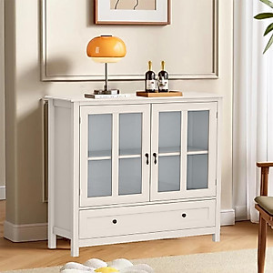 Henf Kitchen Sideboard Buffet Storage Cabinet, Floor Cabinet Cupboard with Double Glass Doors, Free Standing Accent Cabinet with a Drawer and Adjustable Closed Shelf, Perfect for Kitchen Dining Room