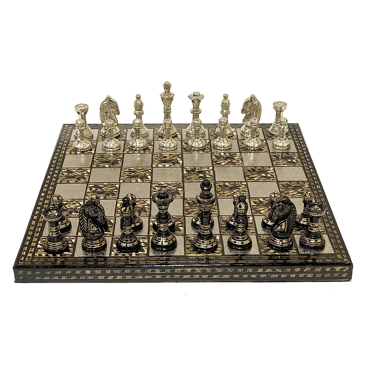 StonKraft Brass Chess Board Game Set with 100% Brass Chess Pieces Chessmen Coins (12" x 12" Inches)