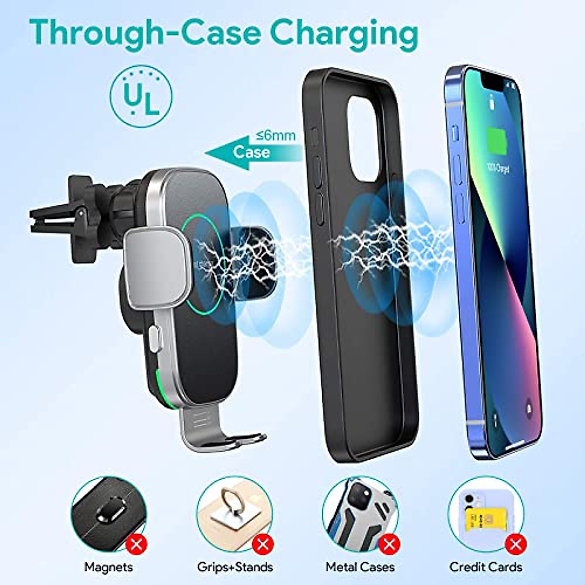 Wireless Car Charger, 15W Auto-Clamping Car Charger Mount, Air Vent Car Charging Holder for iPhone 14/14 Pro/13/13 Pro /12/12 Pro/ 11/11 Pro/Xr/Xs/X/8, Samsung S23/S22/S21(with QC 3.0 Car Charger)