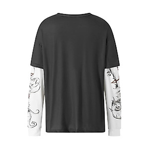 Axupico Womens Fake Two-Piece Gothic Shirts Long Sleeve E-Girls Aesthetic Grunge Tops Vintage Graphic Fall Clothes (1-Black, L)