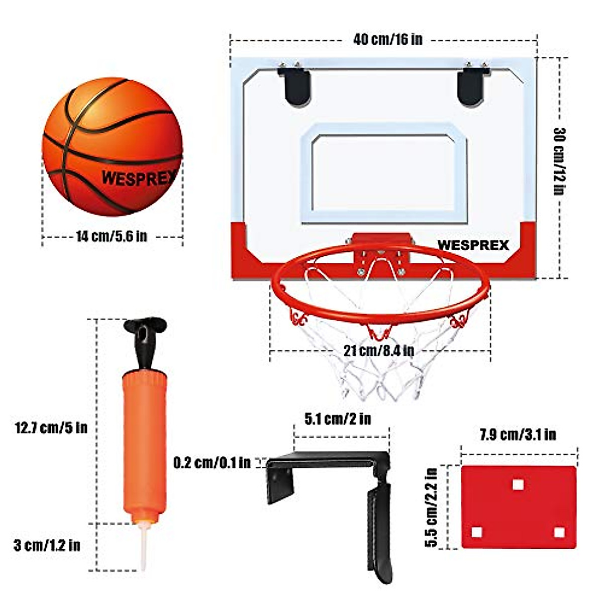 WESPREX Indoor Mini Basketball Hoop Set for Kids with 2 Balls, 16" x 12" Basketball Hoop for Door, Wall, Living Room, Office with Complete Accessories, Basketball Toy Gift for Boys and Girls - Red