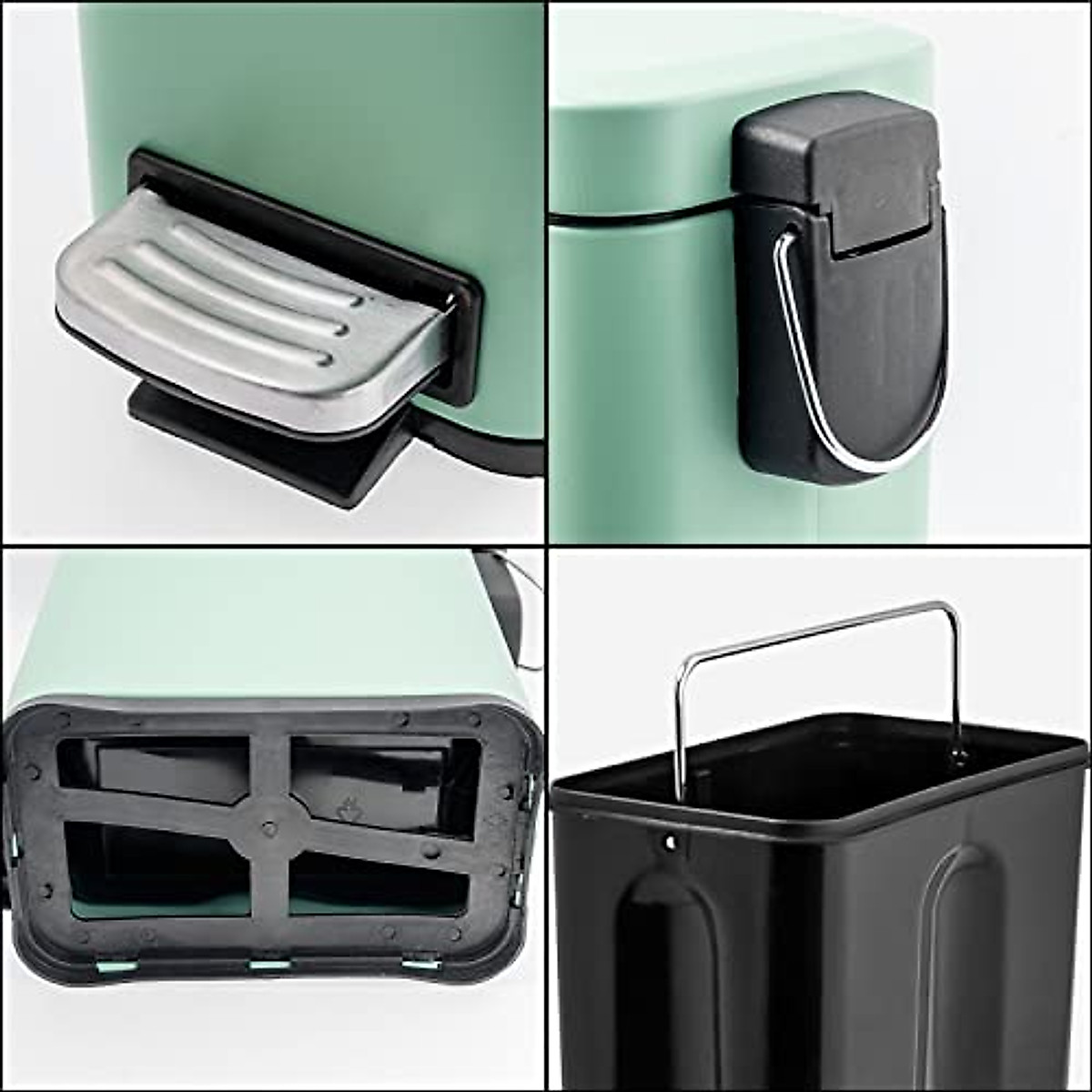 M-Aimee 1.3 Gallon Slim Small Trash Can with Lid Soft Close, Stainless Steel Garbage Can for Bathroom Bedroom Office, Rectangular Step Trash Bin with Removable Inner Waste Basket (Green)