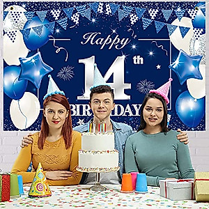 P.G Collin Happy 14th Birthday Banner Backdrop Sign Background, 14 Birthday Party Decorations Supplies for Boys Girls 6 x 4ft Blue Silver