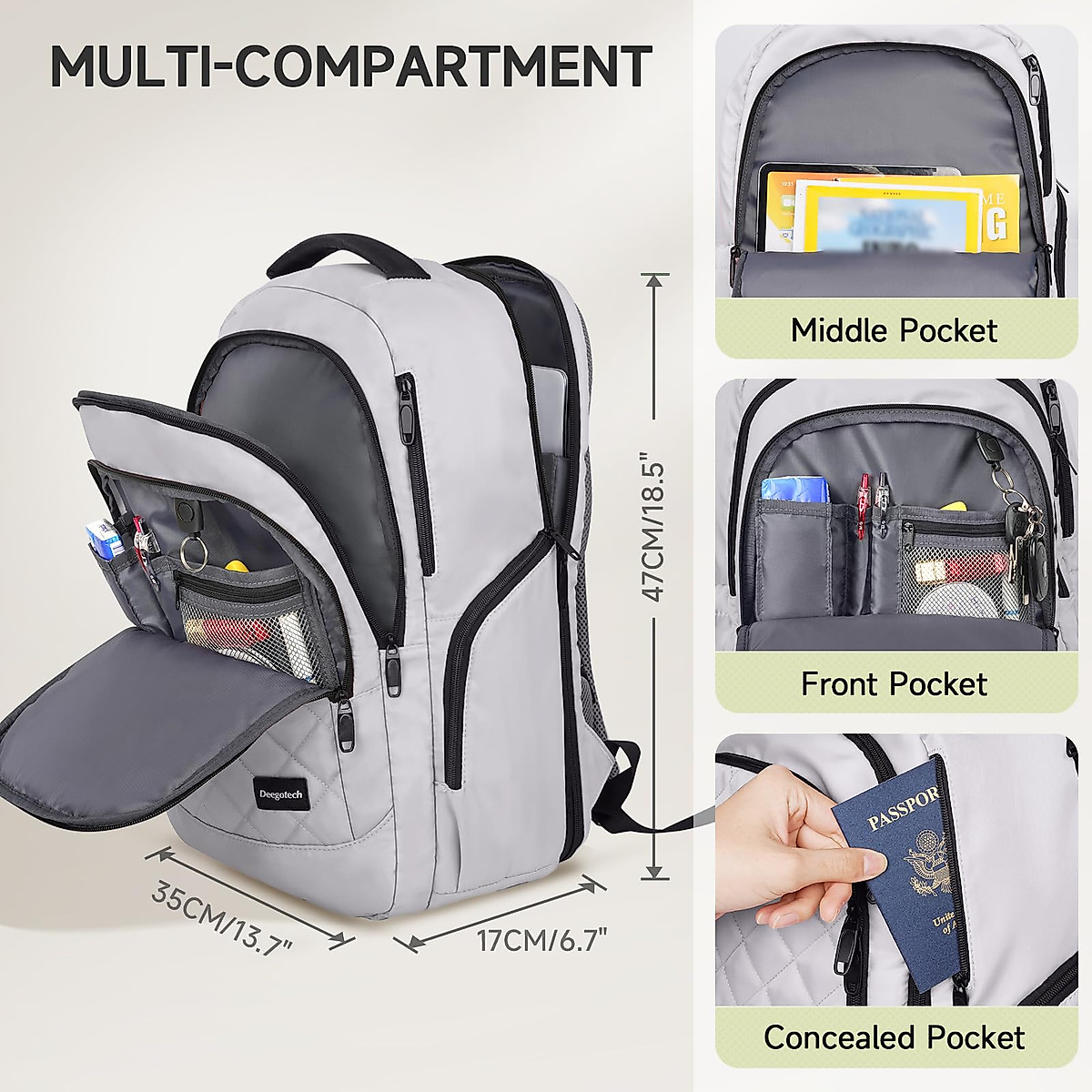 Travel Backpack for Men Women, 40L Carry On Backpack Flight Approved, TSA Suitcase Luggage Backpack for Weekender Business Trips, College School Bag for 15.6 17in Laptop, Grey