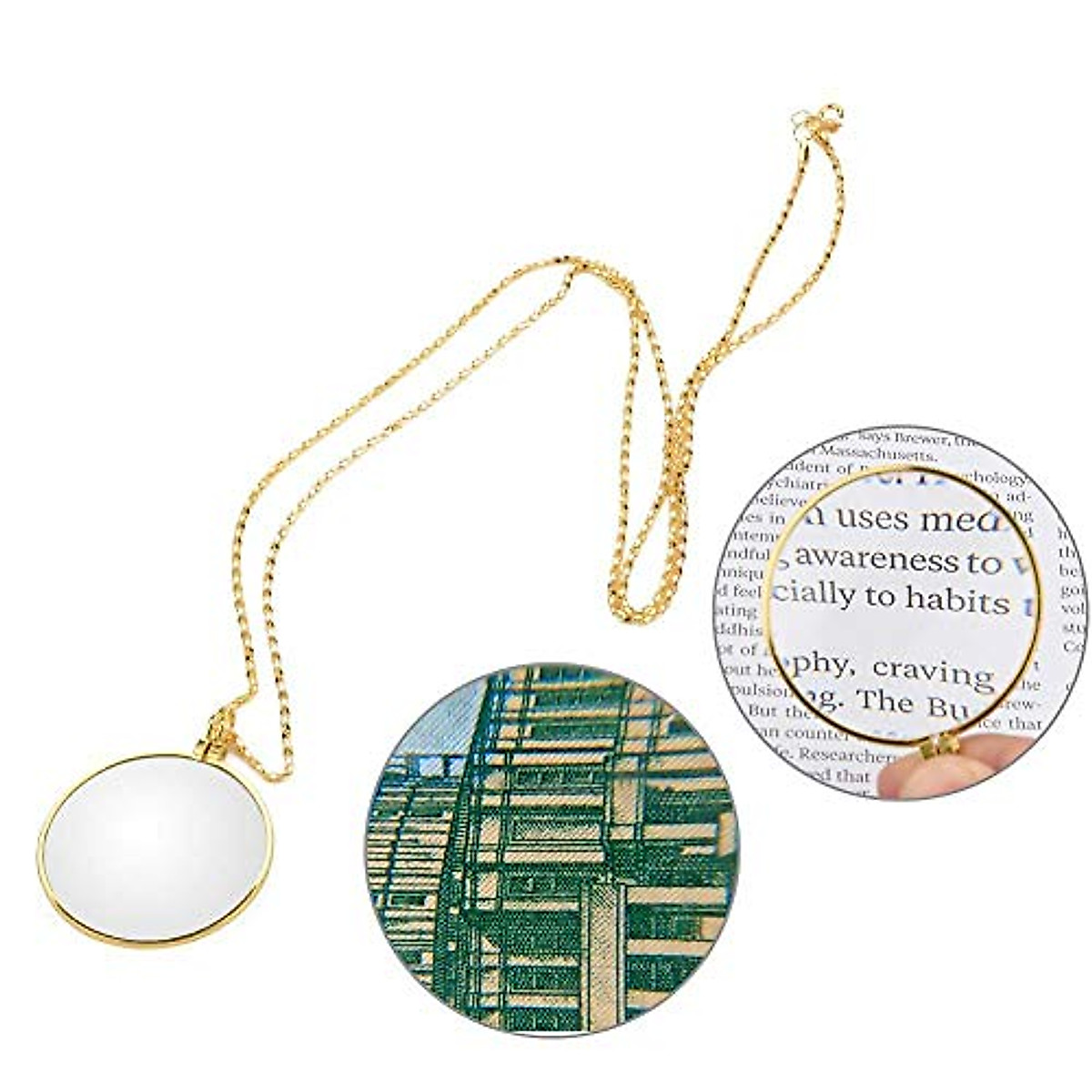 Hanging Magnifier, Portable 5X Magnifier Monocle Lens with Hanging Necklace for Reading Crafts Needlework Jewelry Hobbies(Gold)