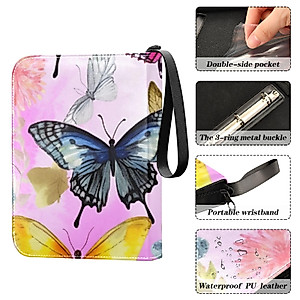 PYBUG Butterfly Trading Card Binder with Nylon Strap 4-Pocket Waterproof PU Leather Card Collection Binder for 400 Cards Sturdy Card Holder Folders for Game Cards,Sports Cards