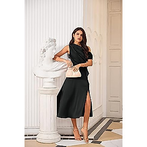 Women's Sleeveless One Shoulder Midi Wedding Guest Dress Semi Formal Dresses for Women Black XL